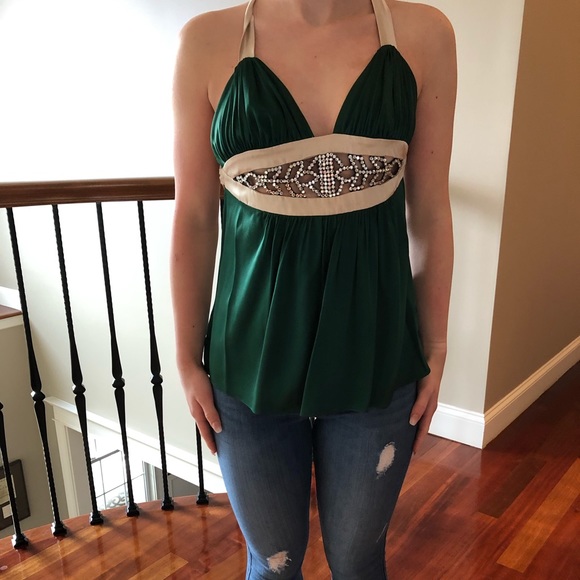 Tops | Emerald Green Silk Halter Top With Cross Cross | Poshmark